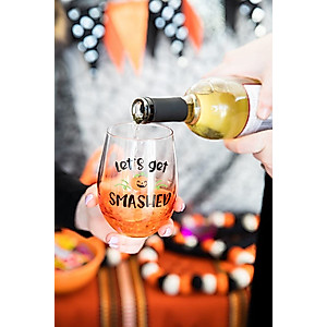 Pearhead Let's Get Smashed Stemless Wine Glass, Gradient Orange, Fall Holiday Home Decor Gifts, Halloween Stemless Wine Glass, 15 oz