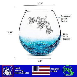 Valentines Day Gifts for Mother Father, Tribal Sea Turtles Handmade Engraved Crackle Turquoise Wine Glass, Gifts for Turtle Lovers Women