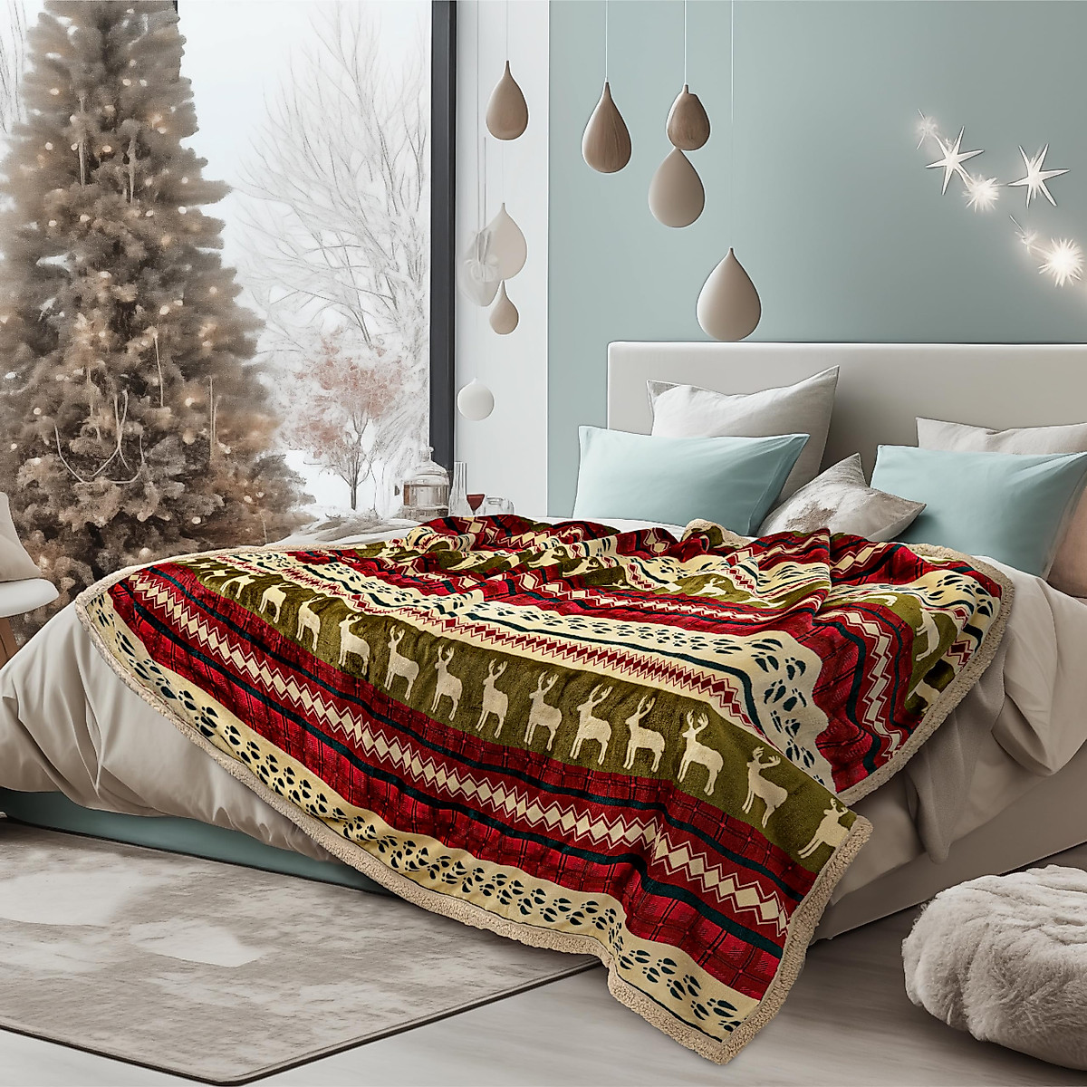 PAVILIA Premium Christmas Blanket Sherpa Fleece Throw| Plush Christmas Decoration, Reindeer, Cozy Reversible Winter Holiday Cabin Blanket for Sofa Couch 50x60