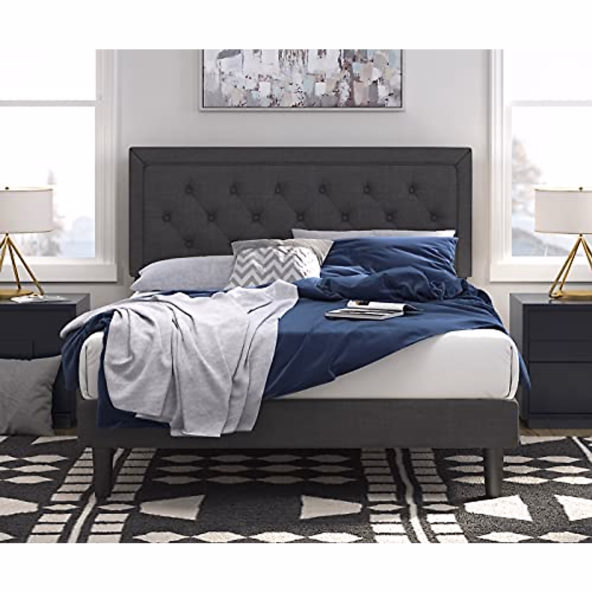 SHA CERLIN Queen Platform Bed Frame with Upholstered Headboard and Wood Slats, Fabric Rhombic Button Tufted Adjustable Headboard, No Box Spring Needed