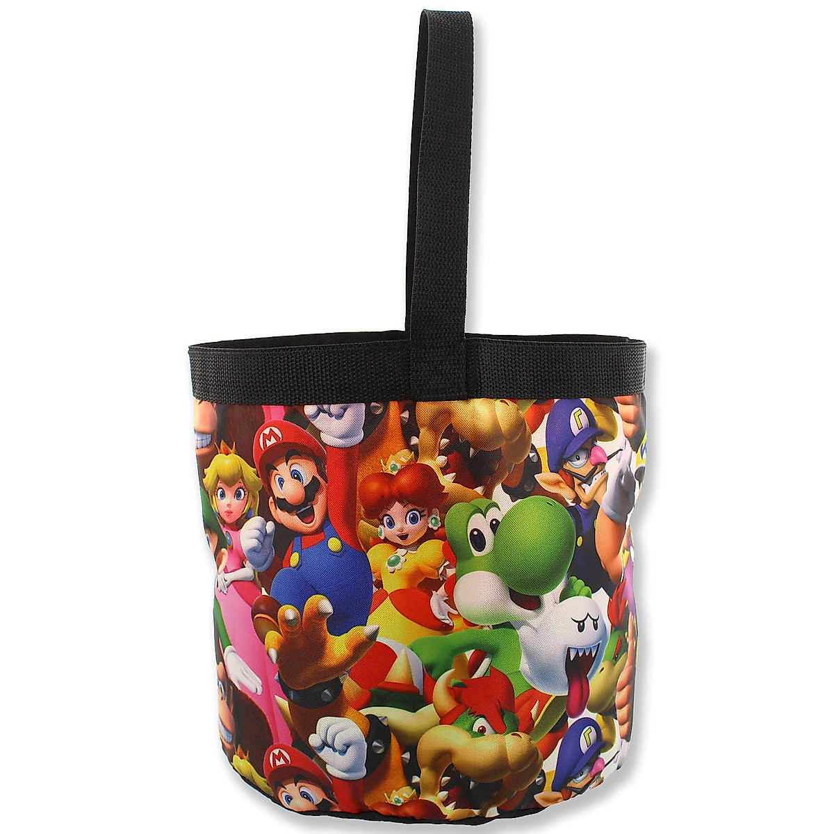Super Mario Brothers Collapsible Nylon Gift Basket Bucket Tote Bag (One Size, Black/Multi)