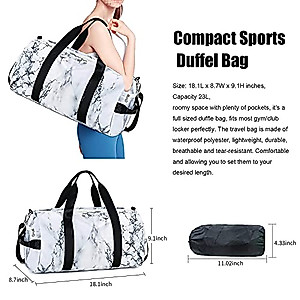 Sport Gym Duffle Travel Bag for Men Women Duffel with Shoe Compartment, Wet Pocket (Marble-White) 19.7"x9.5"x9.9"