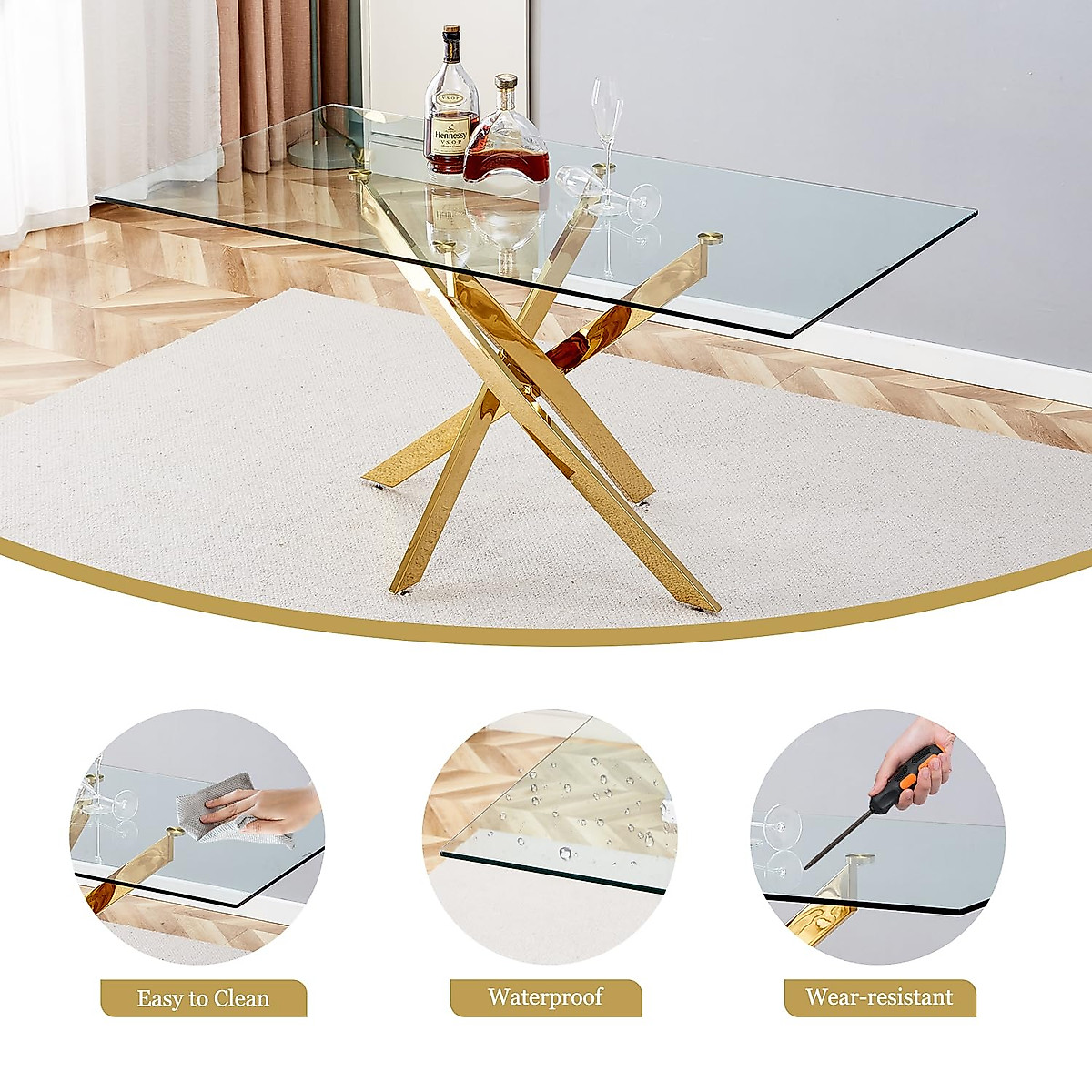 HAIZAO 63" Glass Dining Table for 4-6, Contemporary Rectangular Dining Room Table with Tempered Glass Top & Gold Finish Stainless Steel Legs, Modern Large Kitchen Table for Home Office