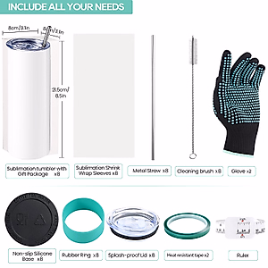 8 Pack 20oz Sublimation Tumbler Bulk, Skinny and Straight, Double-Wall Insulated Stainless Steel Tumbler Cups with Indivisual Gift Box, Tumbler Mearsuring Ruler, Heat-resistant Tape and Gloves