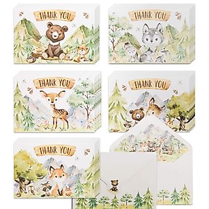 VNS Creations 50 Woodland Animal Thank You Cards, Bulk Forest & Mountain Creatures Thank You Notes w/Matching Lined Envelopes & Stickers, 4 x 6 in.