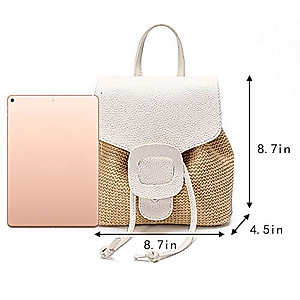 Hoce Straw Backpack Purse Mini Drawstring Flap Backpack for Women Beach (White)