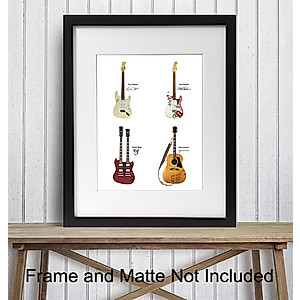 Iconic Rock Star Guitars Wall Art Poster - 8x10 Photo Print - Cool Gift for John Lennon, Jimmy Page, Jimi Hendrix, Eric Clapton Fans, Guitarists, Musicians - Unique Home Decor, Room Decoration