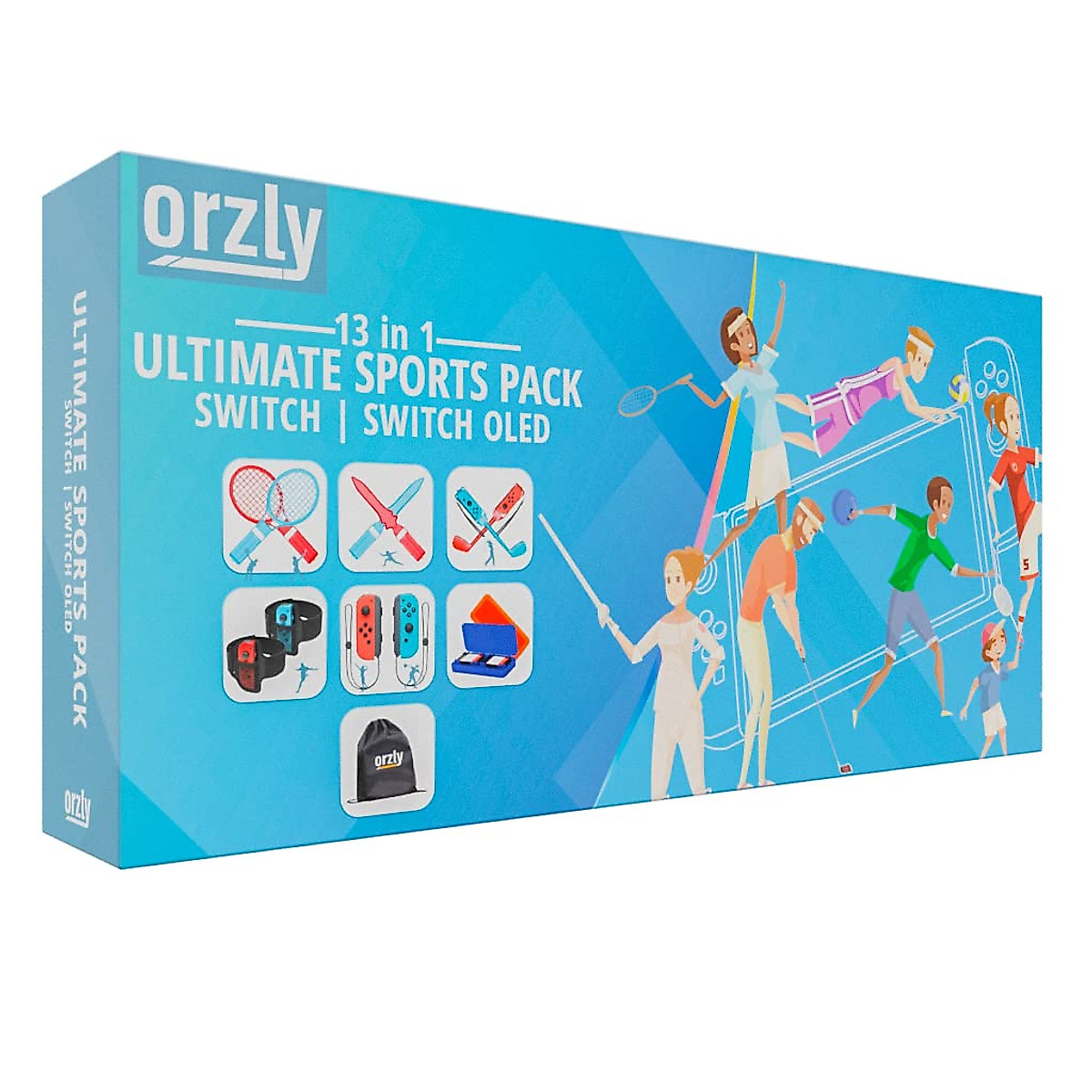 Orzly Switch Sports Games 2024 Accessories Bundle Pack for Nintendo Switch & Switch OLED with Tennis Rackets, Golf Clubs, Chambara Swords, Soccer Leg Straps & Joycon Grips - With Carry Bag