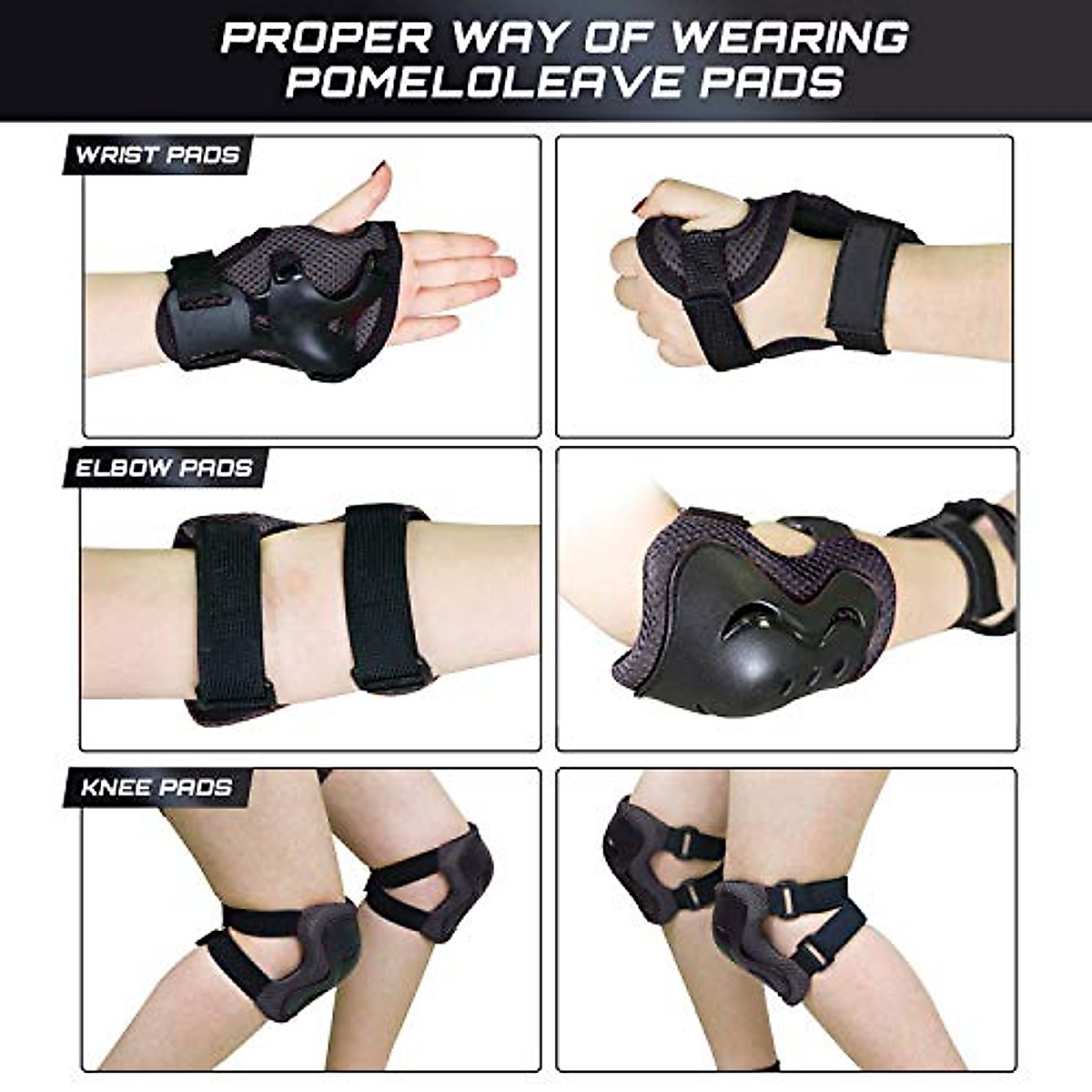 Knee Pads for Kids – POMELOLEAVE Knee and Elbow Pads for Kids and Teen Protective Gear 6 in 1 Set for Inline Skating, Rollerblades, Skateboard, Dirt Bike, Longboarding – Medium (9-12 Age), Black