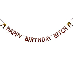 HAPPY BIRTHDAY BITCH Banner,Pre-strung,No Assembly Required, Birthday Party Decorations, Rose Gold Glitter Paper Garlands Backdrops,Letters Rose Gold Betteryanzi