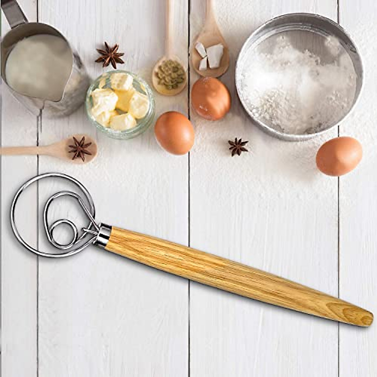 Danish Dough Whisk, Dutch Style Bread Whisk For Dough Cooking Kitchen with Stainless Steel Danish Whisk Bread Mixer 13" and Dough Scraper