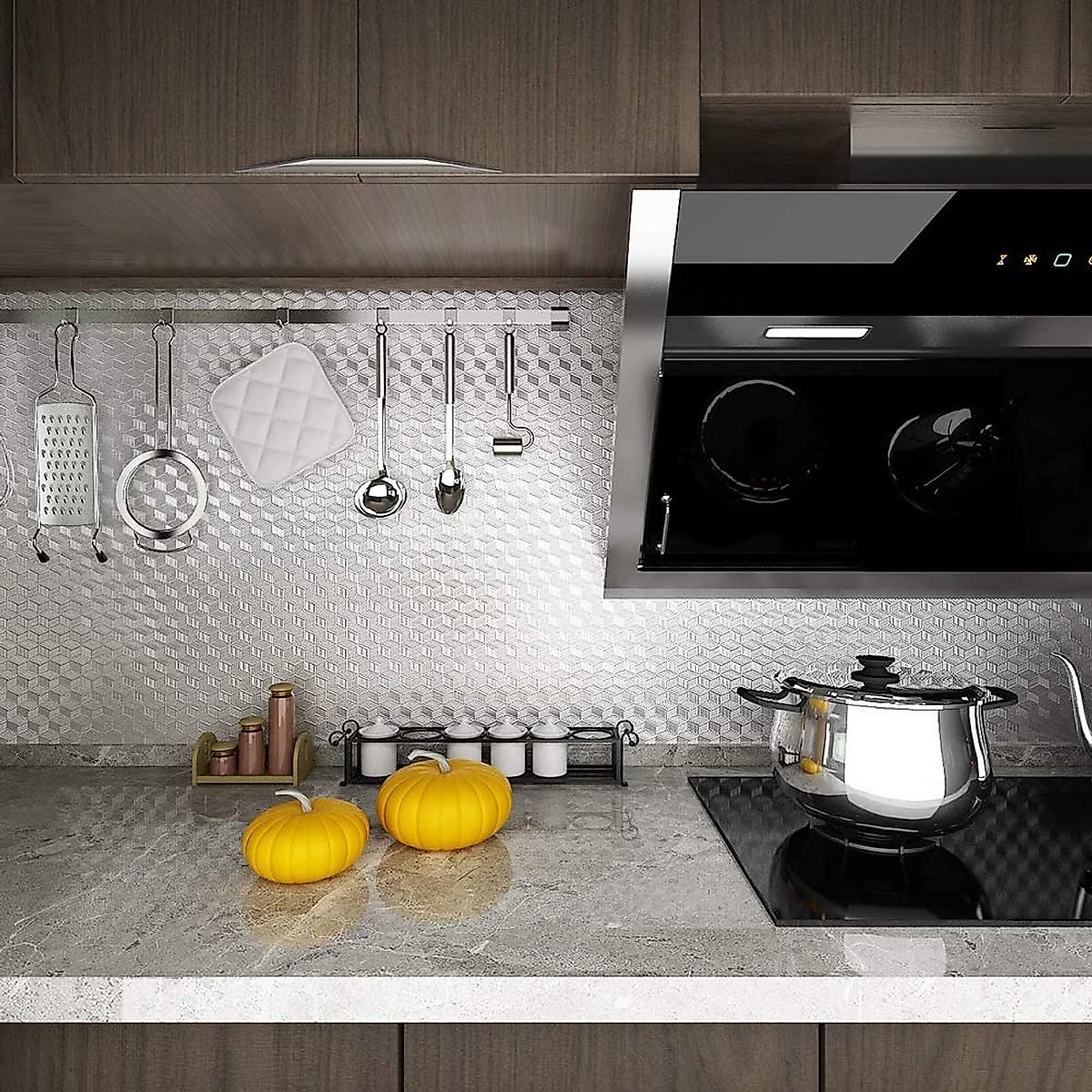 Kitchen Oil-Proof Waterproof Stickers ,3D Cube Texture Aluminum Foil Kitchen Stove Cabinet Contact Paper Counter top Cover Paper Self Adhesive Large Drawer Pad Oil