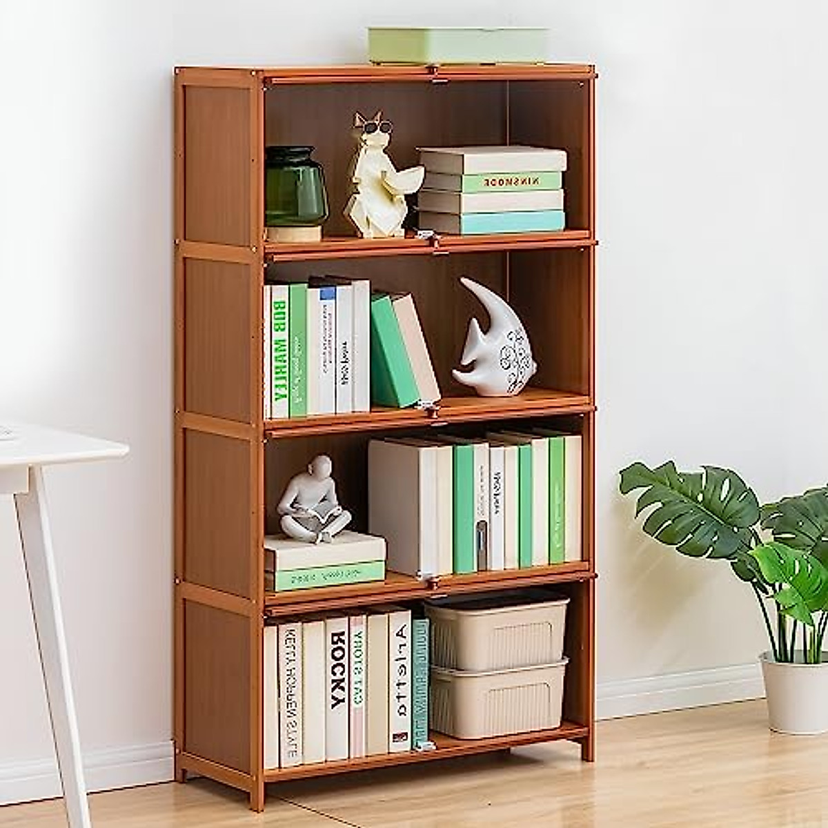 Magshion Bamboo 4-Tier Display Case Bookcase with Clear Acrylic Flip-Up Doors, Wide Brown Kitchen Cabinet Storage Pantry Cabinet Showcase Storage Cabinet Organizer - 31" L x 12.5" W x 54.5" H