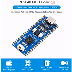 waveshare RP2040-Plus Board with Pre-Soldered Header, Pico-Like MCU Board Based on Raspberry Pi RP2040, Dual-Core Arm Cortex M0+ Processor Onboard 4MB Flash,USB-C Connector,Recharge Header,etc