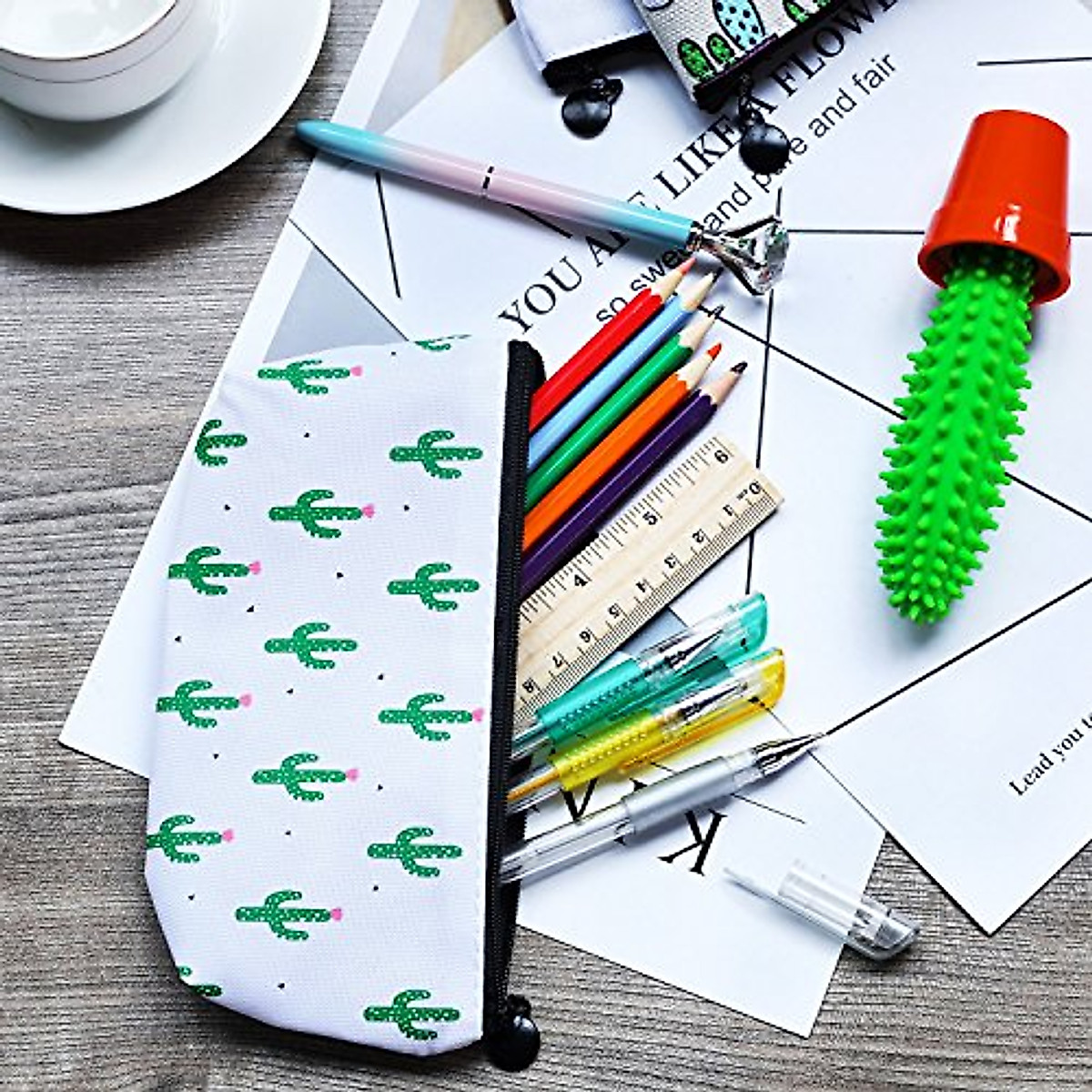 TecUnite 8 Pieces Pen Case Pencil Bag Canvas Pencil Pen Case Pen Holder Cosmetic Makeup Bag Set (Cactus Style)