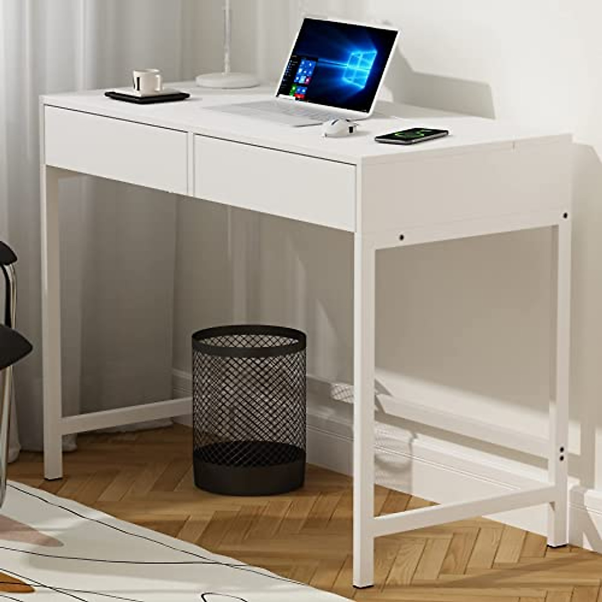 Treocho Computer Desk, Modern Simple 40 inch White Desk with 2 Drawers, Vanity Desk, Makeup Table for Home Office, Bedroom