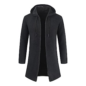 Men's Zip Up Long Cardigan Sweater Open Front Hooded Knitted Cardigans Winter Warm Longline Slim Fit Knit Coat (Black,4X-Large)