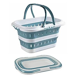 Collapsible Plastic Laundry Baskets with 5 Handles 44L (11.6 gallon), Smart Space Saving Deisgn Washing Bin Kitchen Storage, Large Folding Pop Up Laundry Hamper for Bedroom and Bathroom (Blue)