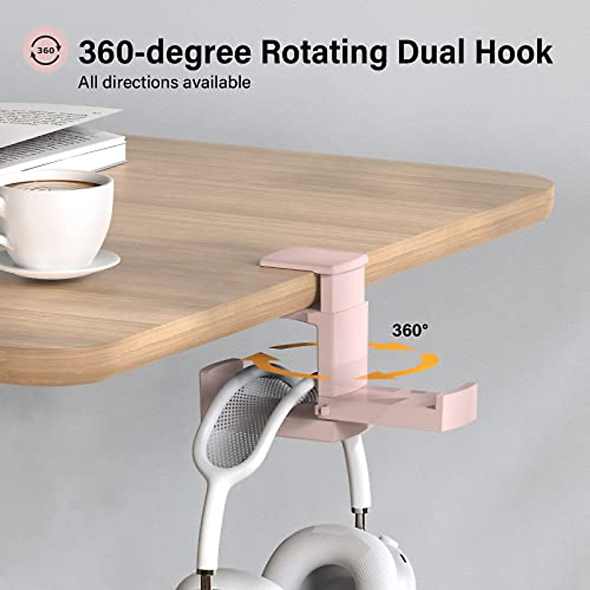 Dual Headphone Stand Holder - EURPMASK 2 in 1 PC Gaming Headset Hooks, 360 Degree Rotating Headphone Hanger with Adjustable Clamp & Cable Clip Organizer, Headset Mount Under Desk Earphone Clamp-Pink