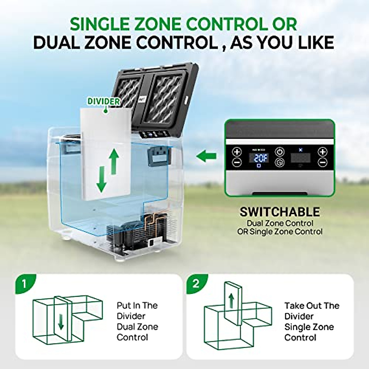 F40C4TMP 12 Volt Portable Refrigerator, 58 Quart Dual Zone Car Freezer, Independent Temperature Control -4℉ to 50℉, 55L Compressor Fridge, Camping, Travel, Trip, Vehicle, Home, 12V/24V DC & 110V AC