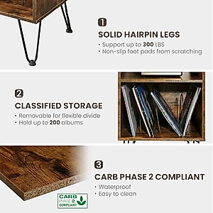 TC-HOMENY Record Player Stand with Charging Station & USB Ports, Turntable Stand Holds Up to 160 Albums, Vinyl Record Storage Stand with Metal Legs for Living Room, Bedroom, Office