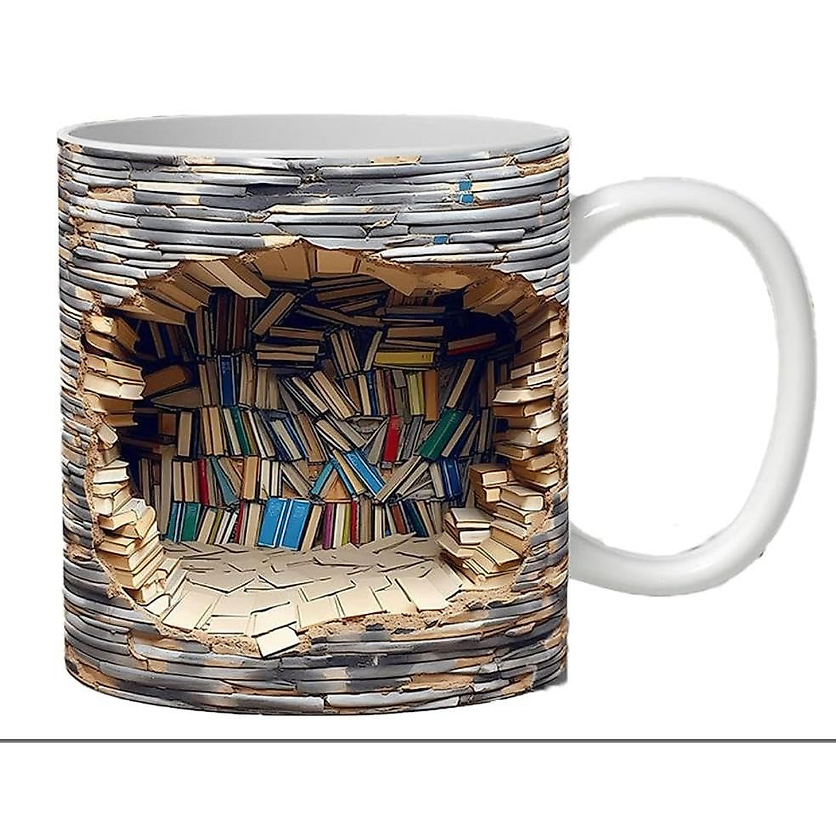3D Bookshelf Mug - A Library Shelf Cup, Library Bookshelf Mug, Book Lovers Coffee Mug, Creative Space Design Multi-Purpose Ceramic Mug, Cool Gifts for Readers Bookish 3D White Mug (B)