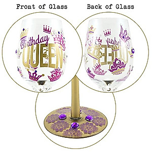 Top Shelf “Birthday Queen” Decorative Wine Glass ; Funny Gifts for Women ; Hand Painted Purple and Gold Design ; Unique Red or White Wine Glasses