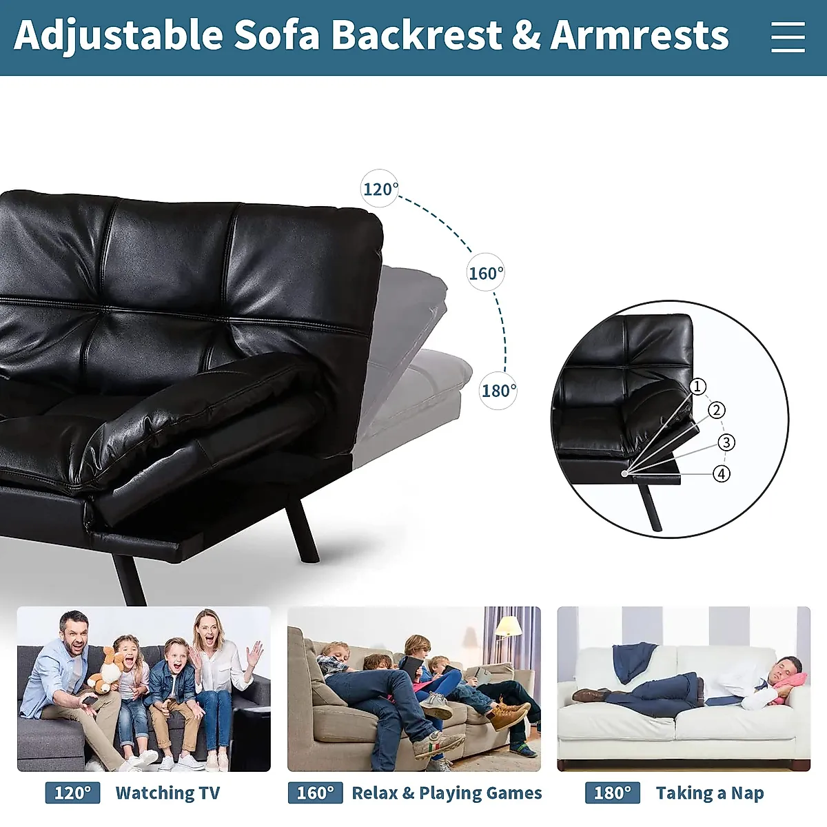 Opoiar Futon,Convertible Sofa Bed,Modern Futon Sofa Bed,Folding Loveseat Sofa,Sleeper Sofa,Futon Couch Bed,Adjustable Armrest&Backrest,Futon Sets for Compact Living Spaces,Apartment,Dorm,Office,Black