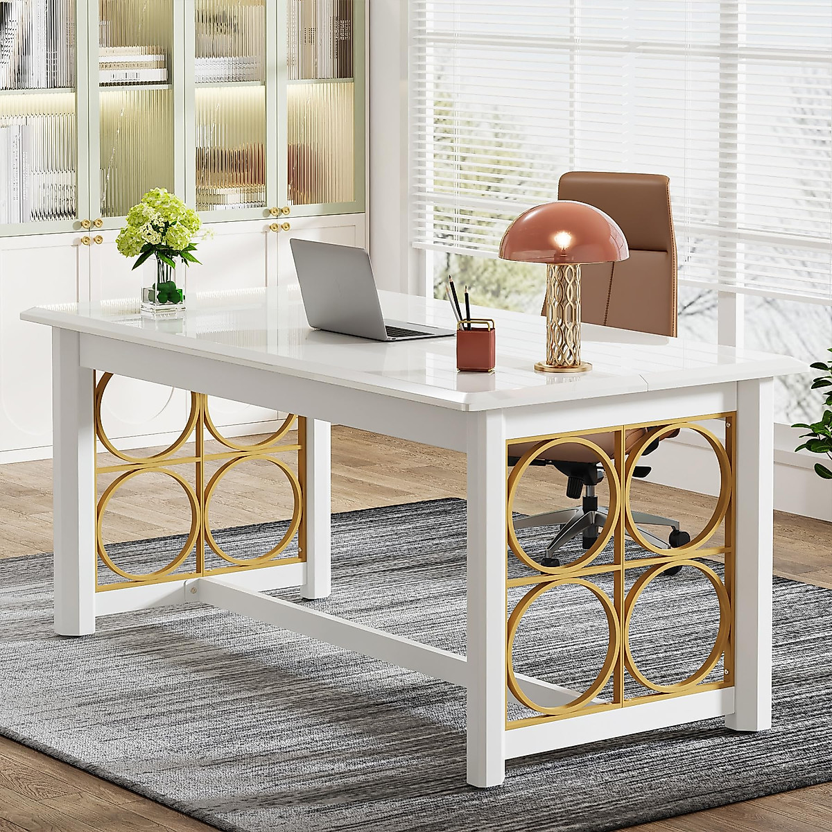 Tribesigns 63" Executive Desk, Modern Office Desk with Glossy Surface, Large Computer Desk for Home Office, Conference Table for Meeting Room, Glossy White & Gold