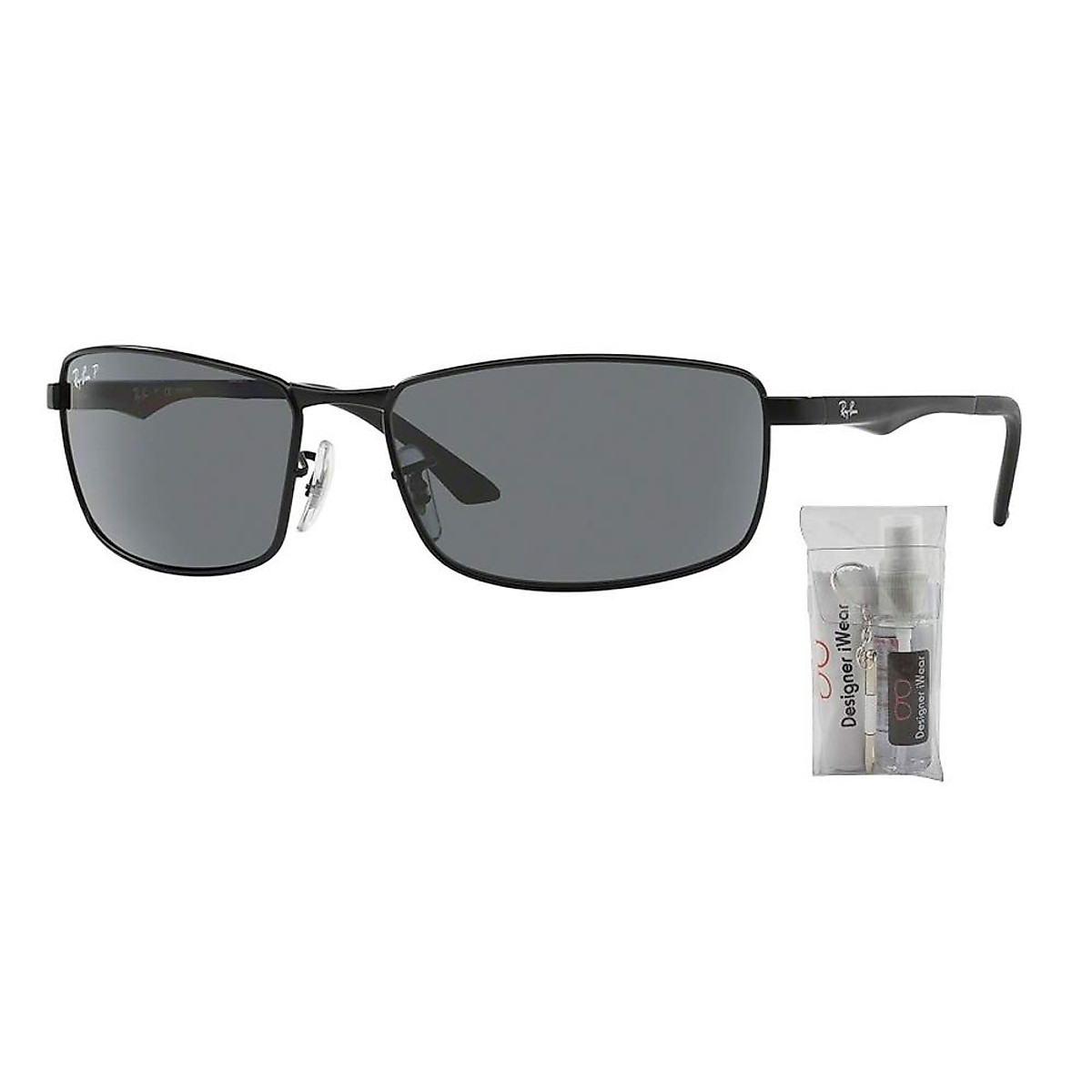 Ray-Ban RB3498 006/81 61M Matte Black/Grey Polarized Rectangular Sunglasses For Men+ BUNDLE with Designer iWear Eyewear Kit