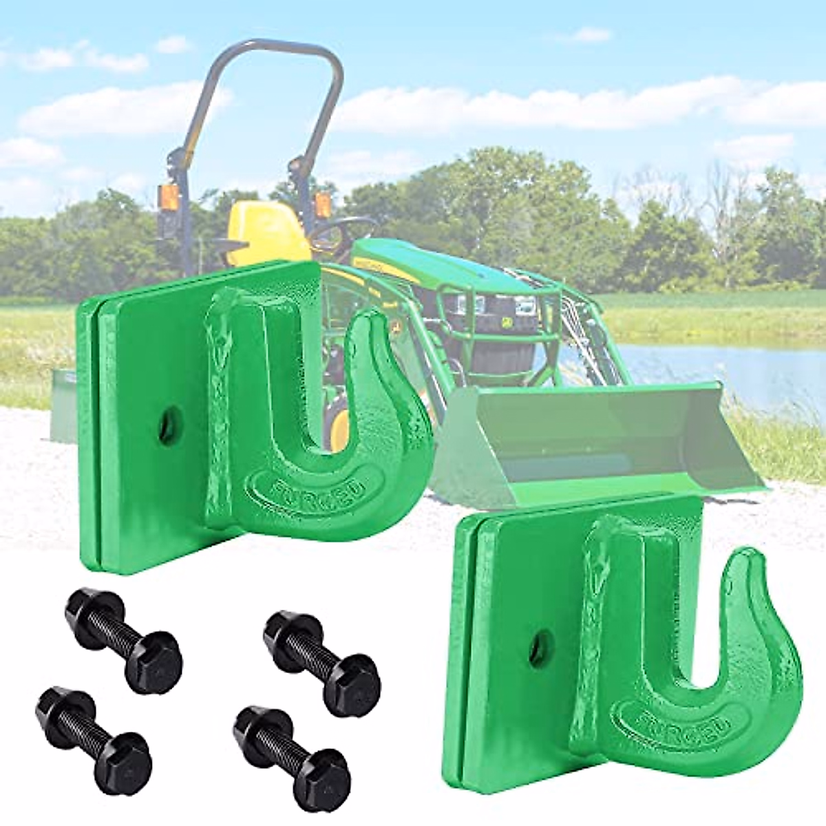 2 Pack 3/8" Tractor Bucket Grab Hook, G70 Forged Steel Bolt On Grab Hook for Tractor Bucket, Heavy Duty Tow Hook with Backer Plate Available Work Well for Loader Buckets, Truck RV, UTV (Green)