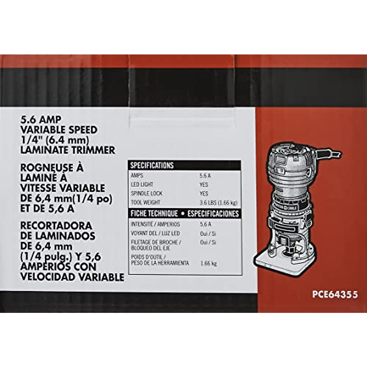 PORTER-CABLE Porter Cable Router, Variable Speed, 1/4-Inch Laminate Trimmer, 5.6-Amp (PCE6435)