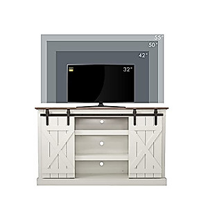 WERSMT Modern Farmhouse Sliding Barn Door TV Stand for TVs up to 60 Inches TV, Wood Rustic Style Big Storage Cabinet Entertainment Certer Media Console, Warm White