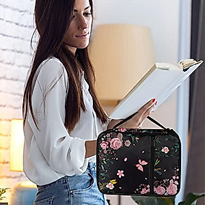 POJAGU Bible Cover, Carrying Bible Book Bag Church Case, Floral Pattern Bible Protective with Handle and Zippered Pocket for Men Women Girls, Black