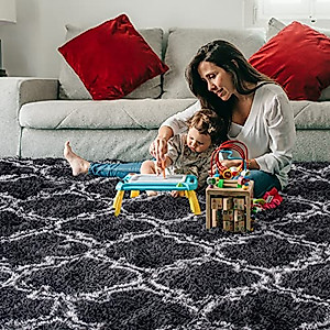 Unirea Shag Area Rug Modern Indoor Plush Fluffy Rugs, Super Soft and Fuzzy Carpet, Geometric Moroccan Rugs for Bedroom Living Room Girls Kids Nursery, 4x6 Feet Dark Grey/White