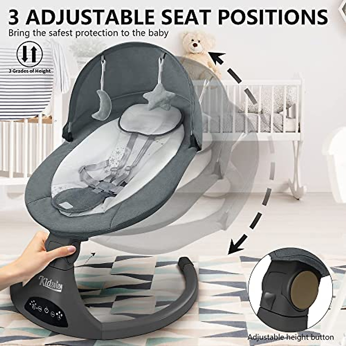 KIDSVIEW Portable 5 Speed Baby Rocker with Music, Remote Control, and Touch Screen for Infants - Suitable for 0-9 Months, 5-20 lbs, Gray (CR010A-1-GREY)