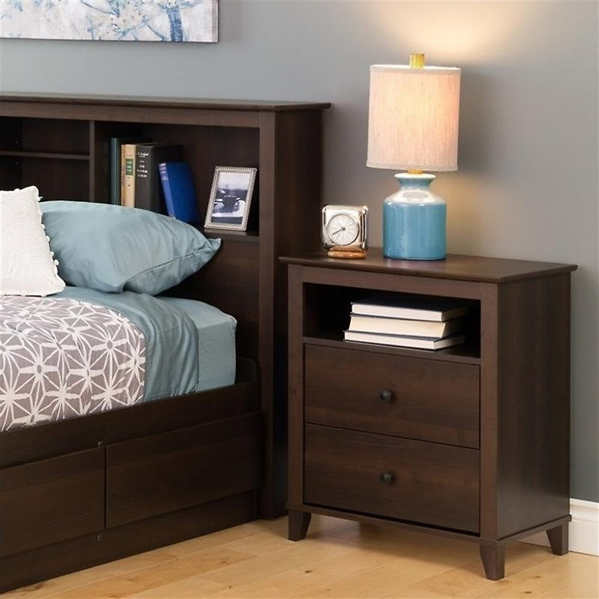 Prepac Yaletown Traditional 2-Drawer Tall Nightstand Side Table, Bedside Table with 2 Drawers and Open Shelf 16" D x 23" W x 28" H, Espresso, EDNH-1202-1