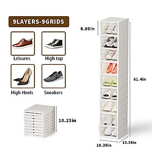 DY GMD Foldable Shoe Rack, Collapsible Plastic Shoe Organizer with Doors Sturdy Easy to Assemble for Closet,Shoe Storage Boxes -9 Tier（White Doors）