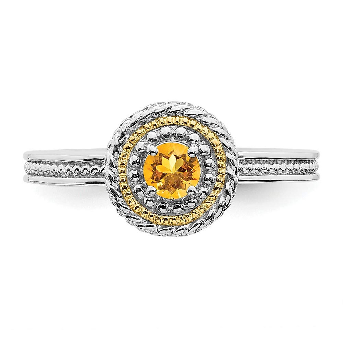 Solid 925 Sterling Silver and 14k Yellow Gold Stackable Citrine Yellow November Gemstone Ring Eternity Band Size 9
