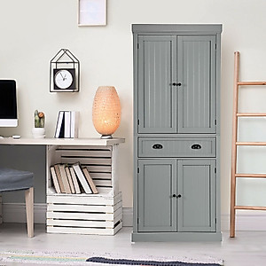 Huippy 72 inch Double Door Cupboard Freestanding Kitchen Pantry Cabinet with Four Adjustable Shelves and One Large Drawer for Kitchen Living Room Bedroom Hallway Home Office Storage (Gray)