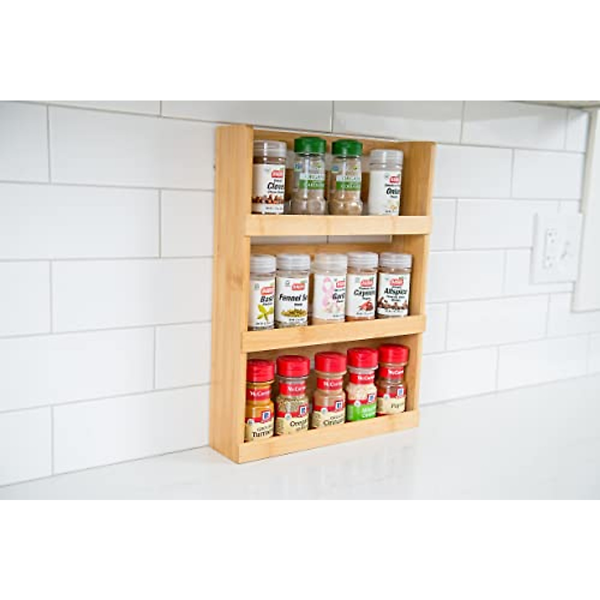 Lipper International Bamboo Wood 3-Tier Spice Rack 8840 - Space Saving 12" x 2.3" Vertical Storage for Spices or Craft Supplies - Attached Ring Hangers, Easy Hand Wash Maintenance