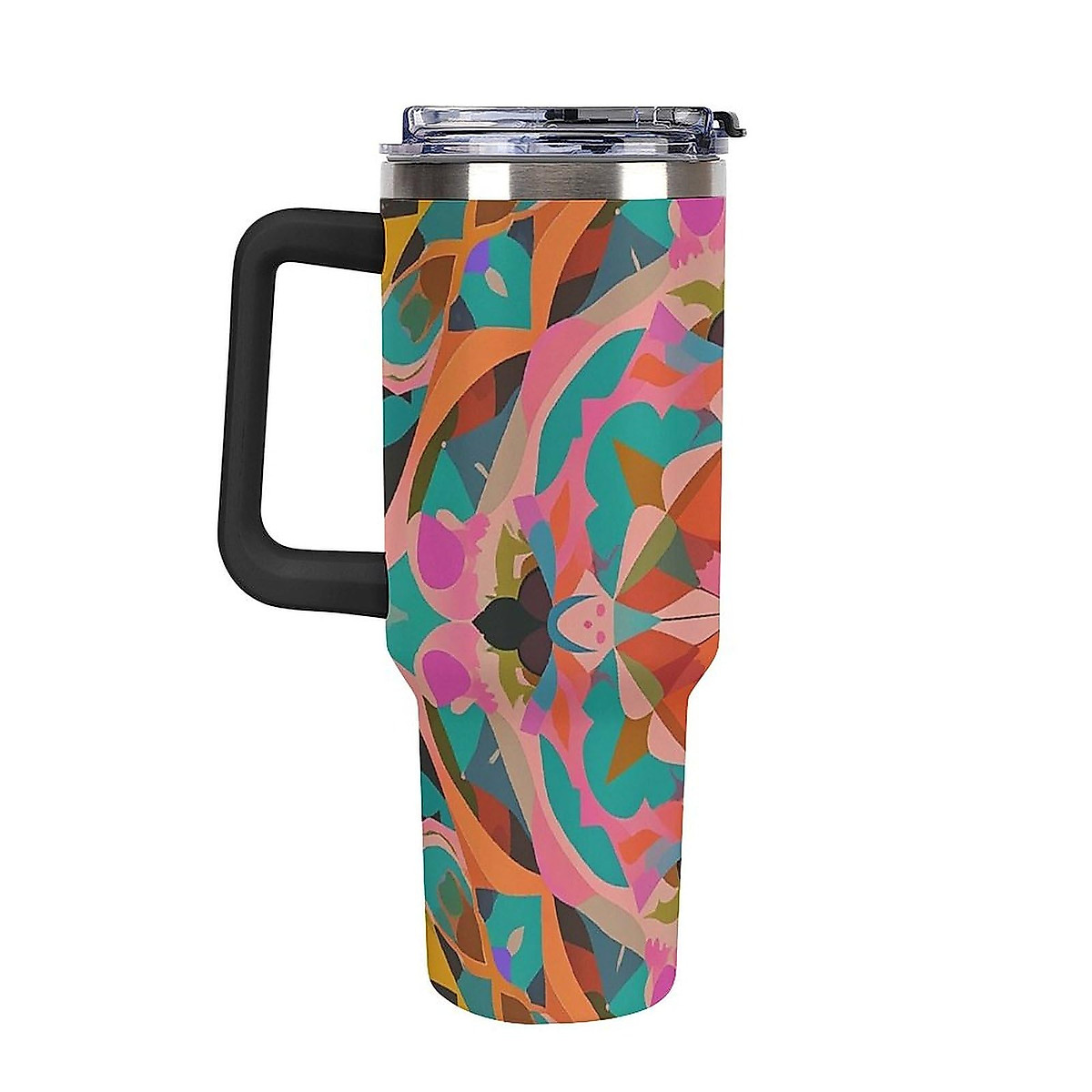 YTLKGFP 40 Oz Large Capacity Car Cup Colorful Bohemian Patterns Tumbler with Handle (Black) Straw Lid Insulated Stainless Steel Water Bottle Travel Mug Leak-proof Car Cup Keeps Cold Or Hot