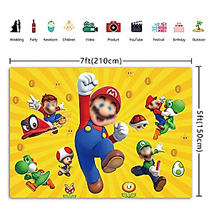 Cartoon Super Brother Boy Backdrop Gold Coin Video Game Adventure Kart Background Super Bros Uncle Mushroom Birthday Party Banner Baby Shower 7x5FT, 7x5FT(210x150cm)