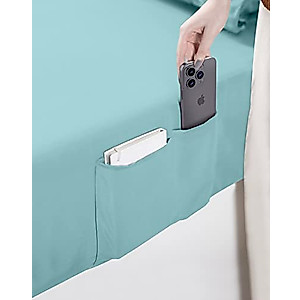 Utopia Bedding Full Sheet Set – Soft Microfiber 4 Piece Luxury Bed Sheets with Deep Pockets - Embroidered Pillow Cases - Side Storage Pocket Fitted Sheet - Flat Sheet (Spa Blue)