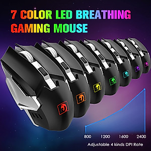 Wireless Gaming Keyboard and Mouse Combo, Rechargeable 16 Kinds RGB Backlit PC Gaming Keyboard Mouse w, Mechanical Feel Keyboard and 7 Color Gaming Mute Mouse for Windows Computer Gamers (Black)