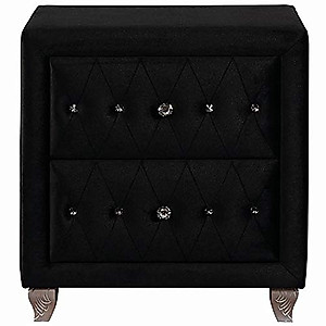 Coaster Furniture Deanna Modern Glam 2 Drawer Upholstered Nightstand Bedroom Bedside Table Storage Drawers Crystal Button Tufted Black Velvet Fabric Chrome 206102