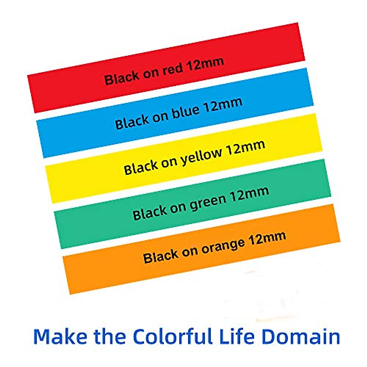 MarkDomain Compatible Label Tape Replacement for Brother P Touch TZe Label Tape 12mm 0.47 Inch (Black on Red/Blue/Yellow/Green/Orange) for P Touch PT-D210 H110 Label Maker, Laminated, 5-Pack