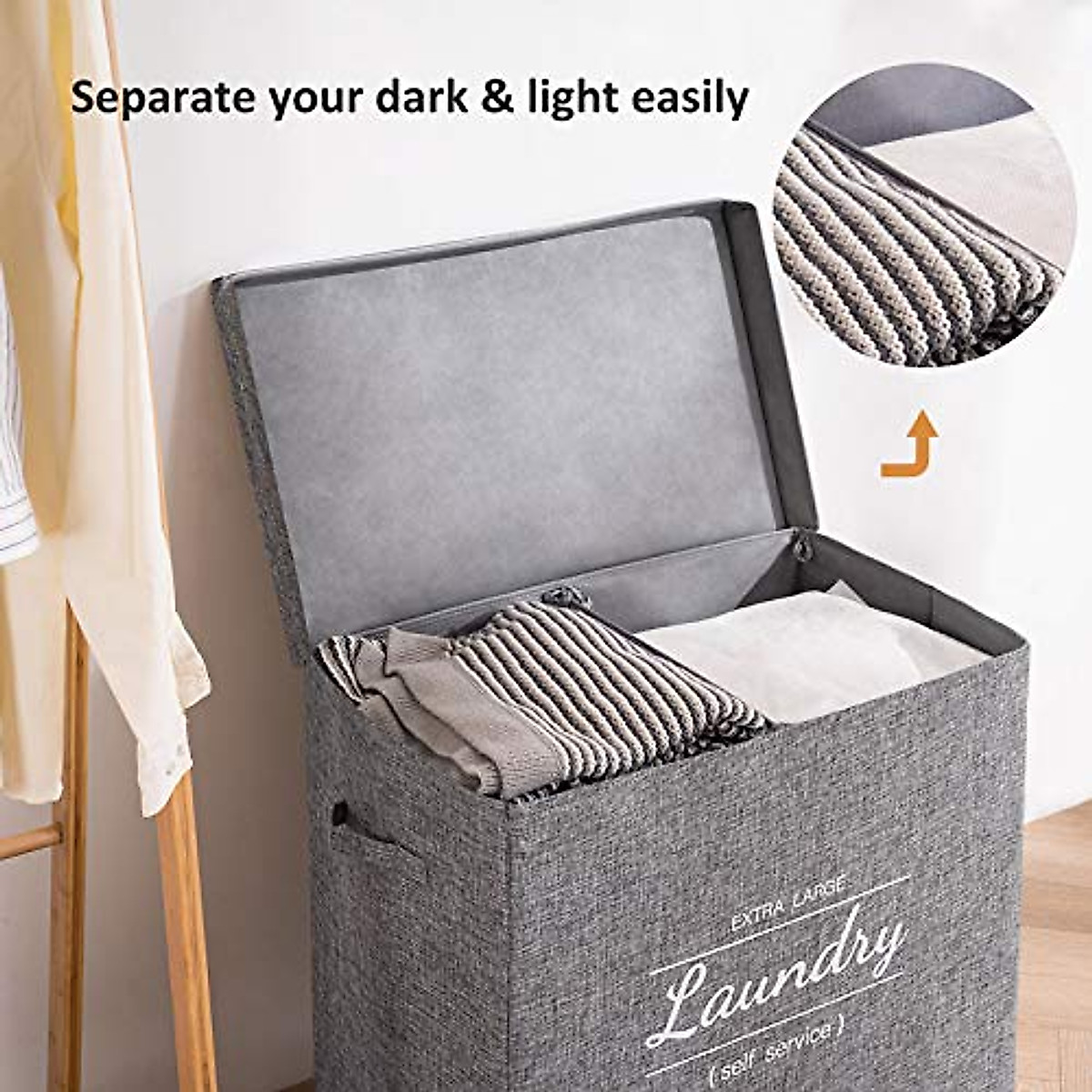 YOUDENOVA Double Laundry Hamper with Lid, Divided Dirty Clothes Basket with 2 Removable Liner Bag, Dual Hampers for Laundry Sorter 2 Section, Grey