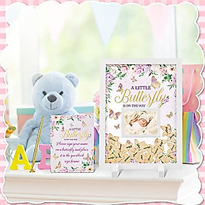 65 Pieces Butterfly Baby Shower Guest Book Alternative Set 60 Pieces Butterfly Token Baby Shower Sign in Guest Book Baby Keepsake Signature Book Picture Frame with Wooden Stand Storage Bag and Pen