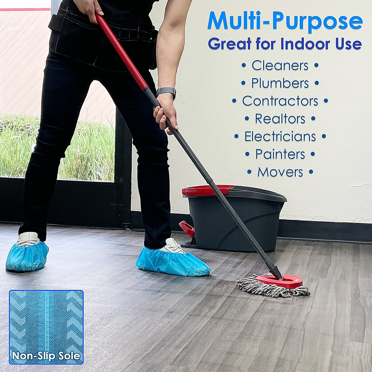 Buena Goods 100 Pack Extra Large Disposable Blue Boot and Shoe Covers - Indoor Reusable Shoe Covers Disposable - Non Slip Booties - Fits US Men's Size 14 and Women's 16 Size